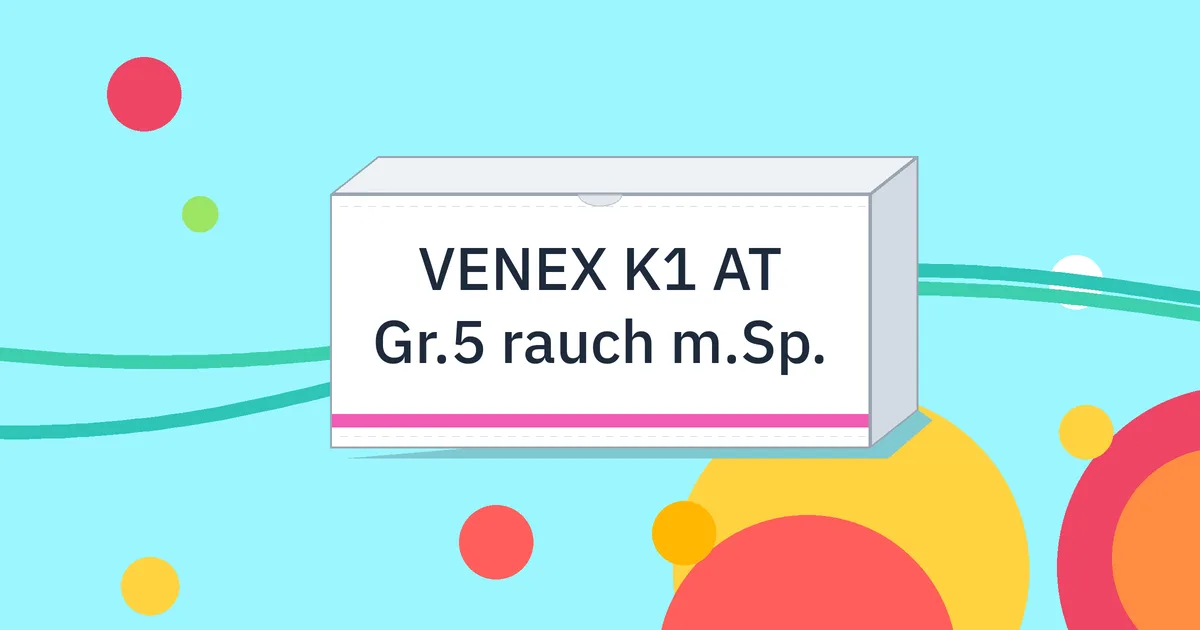 Symbolbild: Packung mit der Aufschrift VENEX K1 AT Gr.5 rauch m.Sp. (PZN 03194708) – Verfügbarkeit und Bezug in Apotheken in Frankfurt am Main