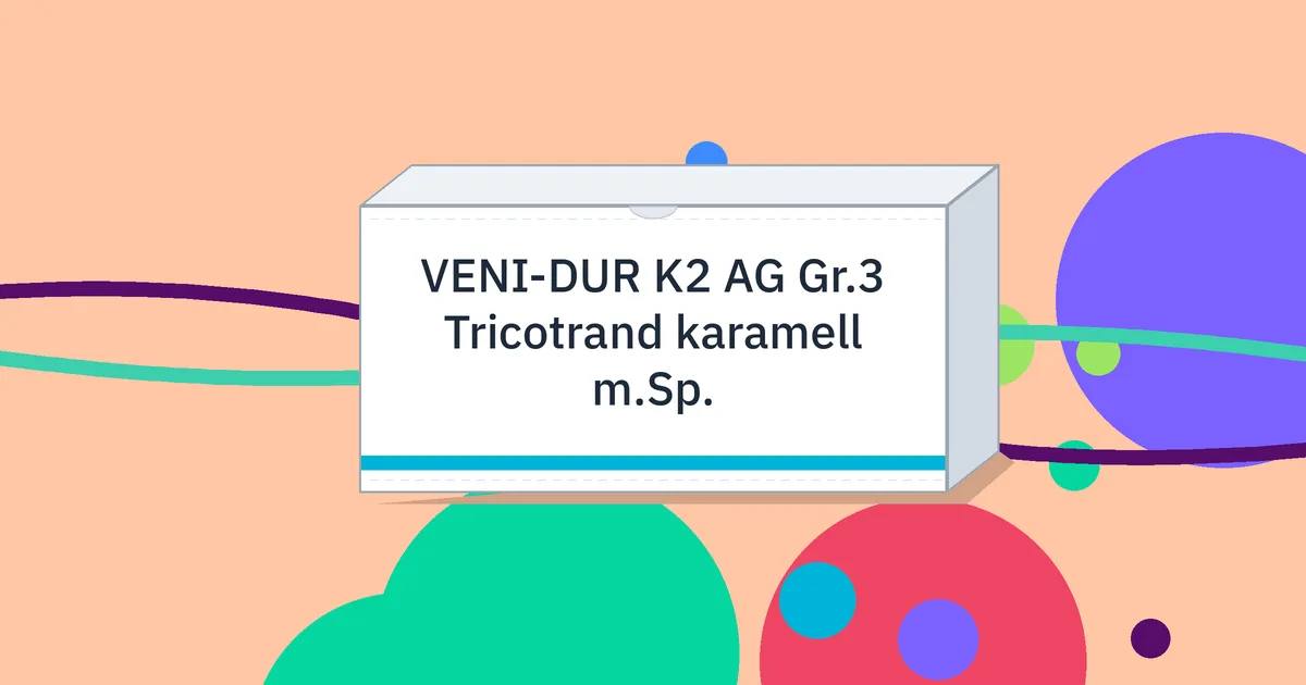 Symbolbild: Packung mit der Aufschrift VENI-DUR K2 AG Gr.3 Tricotrand karamell m.Sp. (PZN 13762378) – Verfügbarkeit und Bezug in Apotheken in Frankfurt am Main