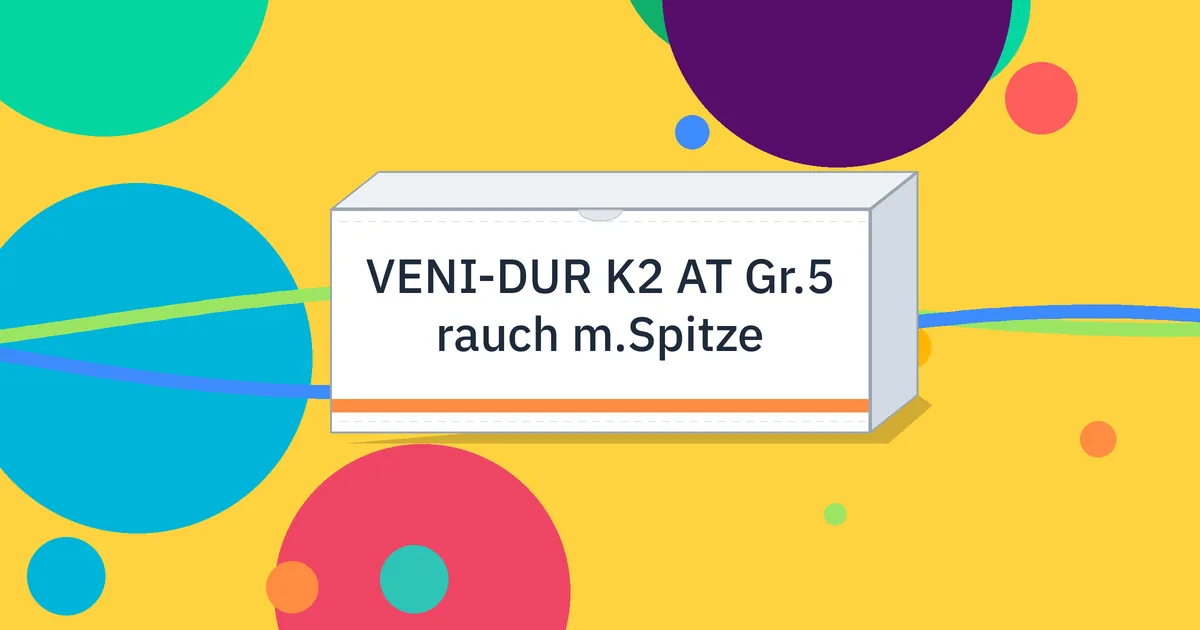 Symbolbild: Packung mit der Aufschrift VENI-DUR K2 AT Gr.5 rauch m.Spitze (PZN 08687812) – Verfügbarkeit und Bezug in Apotheken in Frankfurt am Main