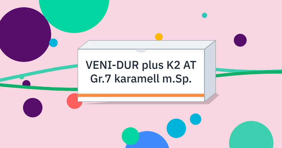 Symbolbild: Packung mit der Aufschrift VENI-DUR plus K2 AT Gr.7 karamell m.Sp. (PZN 13757147) – Verfügbarkeit und Bezug in Apotheken in Frankfurt am Main
