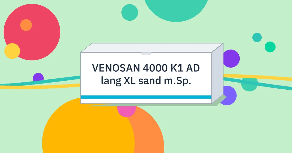 Symbolbild: Packung mit der Aufschrift VENOSAN 4000 K1 AD lang XL sand m.Sp. (PZN 14421805) – Verfügbarkeit und Bezug in Apotheken in Frankfurt am Main