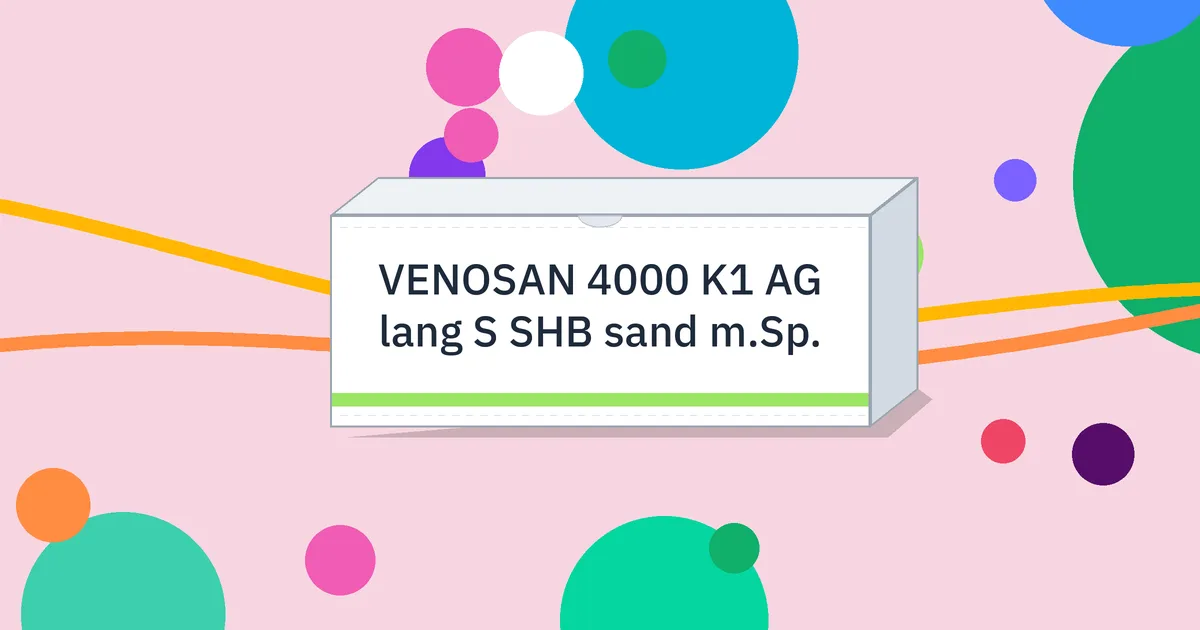 Symbolbild: Packung mit der Aufschrift VENOSAN 4000 K1 AG lang S SHB sand m.Sp. (PZN 14422012) – Verfügbarkeit und Bezug in Apotheken in Frankfurt am Main