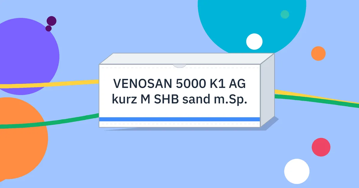 Symbolbild: Packung mit der Aufschrift VENOSAN 5000 K1 AG kurz M SHB sand m.Sp. (PZN 14428397) – Verfügbarkeit und Bezug in Apotheken in Frankfurt am Main