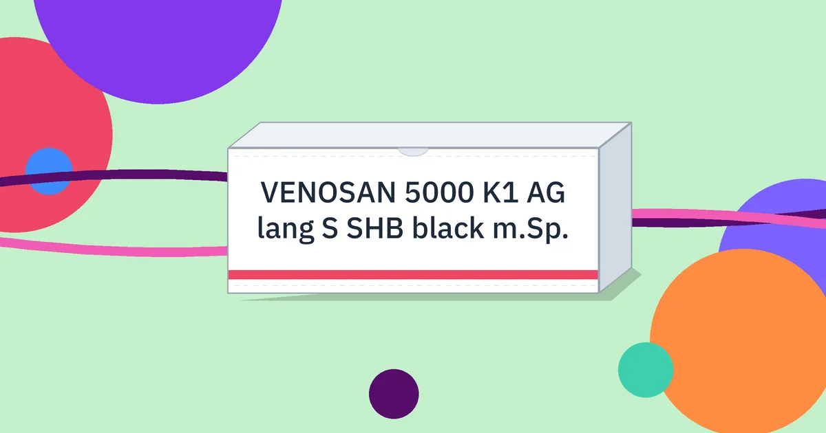 Symbolbild: Packung mit der Aufschrift VENOSAN 5000 K1 AG lang S SHB black m.Sp. (PZN 14432861) – Verfügbarkeit und Bezug in Apotheken in Frankfurt am Main