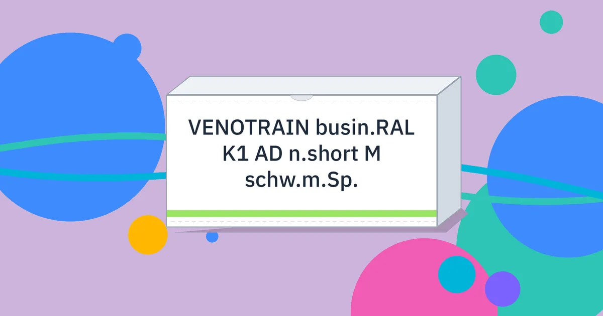 Symbolbild: Packung mit der Aufschrift VENOTRAIN busin.RAL K1 AD n.short M schw.m.Sp. (PZN 06948616) – Verfügbarkeit und Bezug in Apotheken in Frankfurt am Main