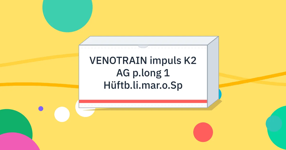 Symbolbild: Packung mit der Aufschrift VENOTRAIN impuls K2 AG p.long 1 Hüftb.li.mar.o.Sp (PZN 15219218) – Verfügbarkeit und Bezug in Apotheken in Frankfurt am Main