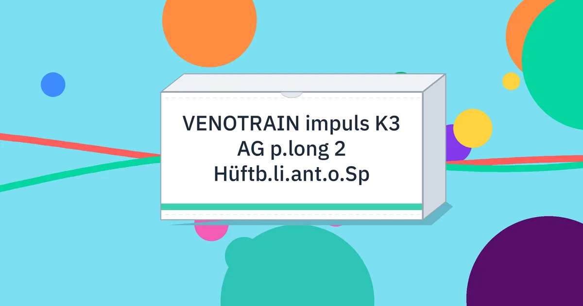 Symbolbild: Packung mit der Aufschrift VENOTRAIN impuls K3 AG p.long 2 Hüftb.li.ant.o.Sp (PZN 15220977) – Verfügbarkeit und Bezug in Apotheken in Frankfurt am Main