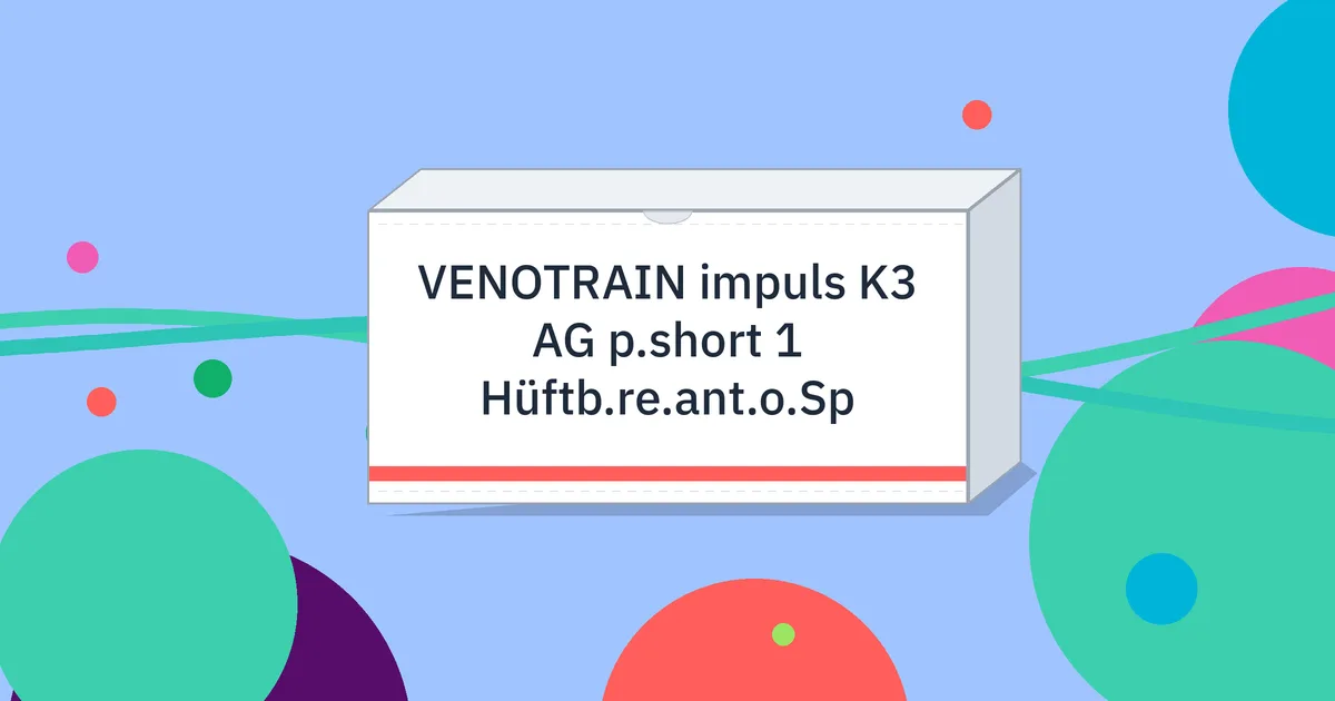 Symbolbild: Packung mit der Aufschrift VENOTRAIN impuls K3 AG p.short 1 Hüftb.re.ant.o.Sp (PZN 15218561) – Verfügbarkeit und Bezug in Apotheken in Frankfurt am Main