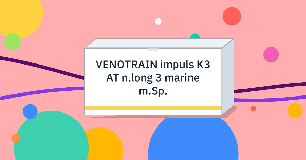 Symbolbild: Packung mit der Aufschrift VENOTRAIN impuls K3 AT n.long 3 marine m.Sp. (PZN 19355591) – Verfügbarkeit und Bezug in Apotheken in Frankfurt am Main