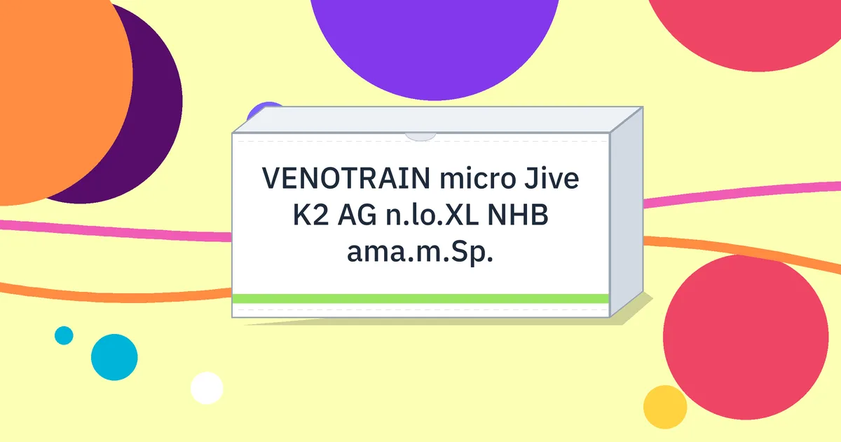 Symbolbild: Packung mit der Aufschrift VENOTRAIN micro Jive K2 AG n.lo.XL NHB ama.m.Sp. (PZN 17765178) – Verfügbarkeit und Bezug in Apotheken in Frankfurt am Main