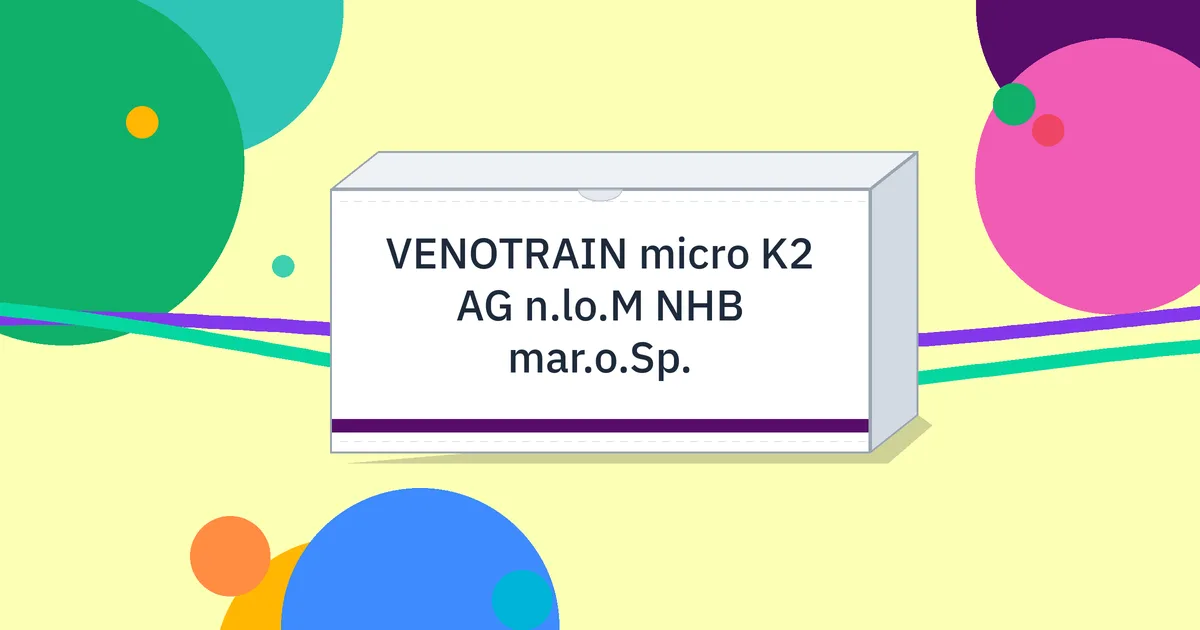 Symbolbild: Packung mit der Aufschrift VENOTRAIN micro K2 AG n.lo.M NHB mar.o.Sp. (PZN 06699490) – Verfügbarkeit und Bezug in Apotheken in Frankfurt am Main