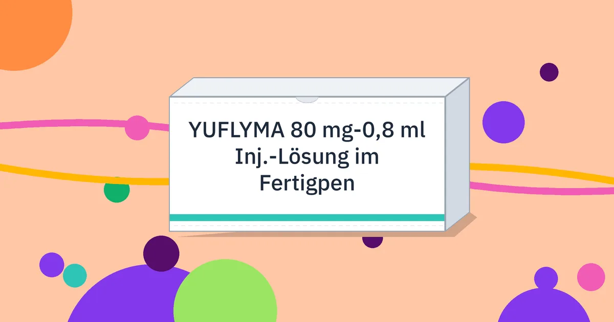 Symbolbild: Packung mit der Aufschrift YUFLYMA 80 mg-0,8 ml Inj.-Lösung im Fertigpen (PZN 18814542) – Verfügbarkeit und Bezug in Apotheken in Frankfurt am Main