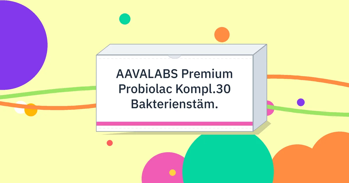 Symbolbild: Packung mit der Aufschrift AAVALABS Premium Probiolac Kompl.30 Bakterienstäm. (PZN 18107299) – Verfügbarkeit und Bezug in Apotheken in Frankfurt am Main