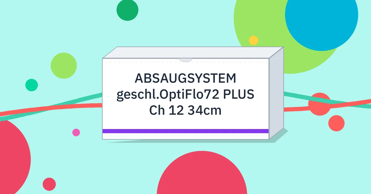 Symbolbild: Packung mit der Aufschrift ABSAUGSYSTEM geschl.OptiFlo72 PLUS Ch 12 34cm (PZN 11049280) – Verfügbarkeit und Bezug in Apotheken in Frankfurt am Main
