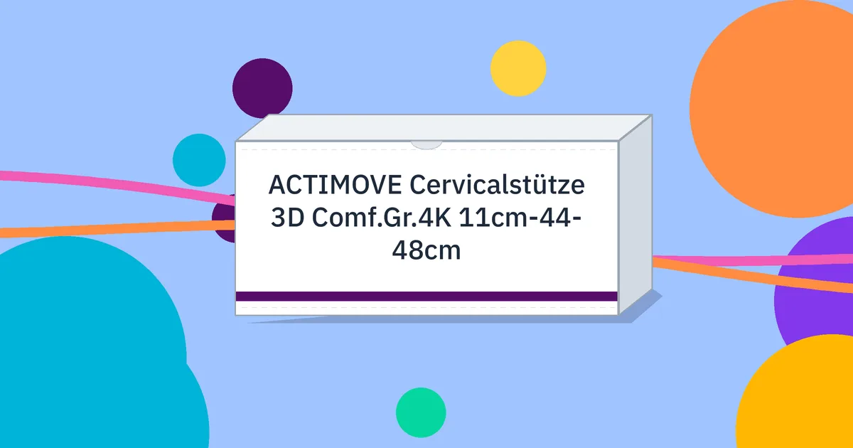 Symbolbild: Packung mit der Aufschrift ACTIMOVE Cervicalstütze 3D Comf.Gr.4K 11cm-44-48cm (PZN 17949085) – Verfügbarkeit und Bezug in Apotheken in Frankfurt am Main