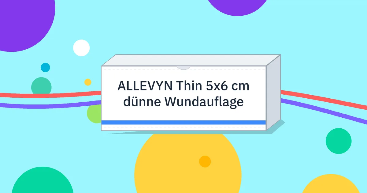 Symbolbild: Packung mit der Aufschrift ALLEVYN Thin 5x6 cm dünne Wundauflage (PZN 20828439) – Verfügbarkeit und Bezug in Apotheken in Frankfurt am Main