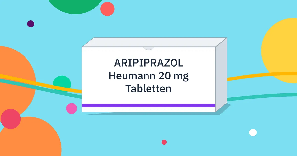 Symbolbild: Packung mit der Aufschrift ARIPIPRAZOL Heumann 20 mg Tabletten (PZN 11479810) – Verfügbarkeit und Bezug in Apotheken in Frankfurt am Main