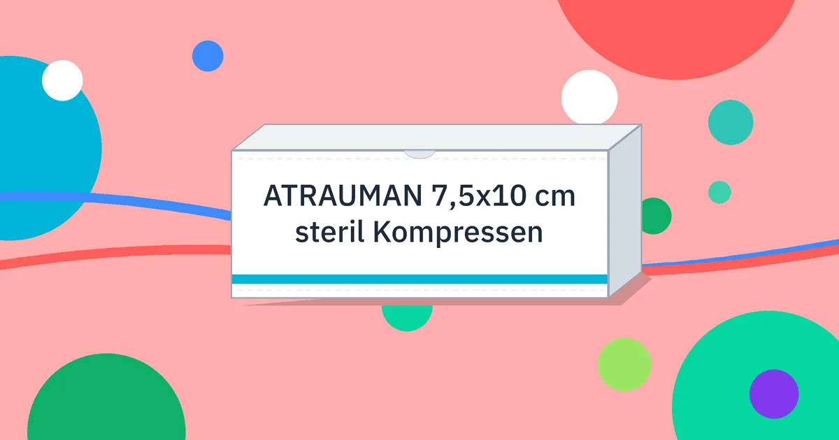 Symbolbild: Packung mit der Aufschrift ATRAUMAN 7,5x10 cm steril Kompressen (PZN 18654541) – Verfügbarkeit und Bezug in Apotheken in Frankfurt am Main