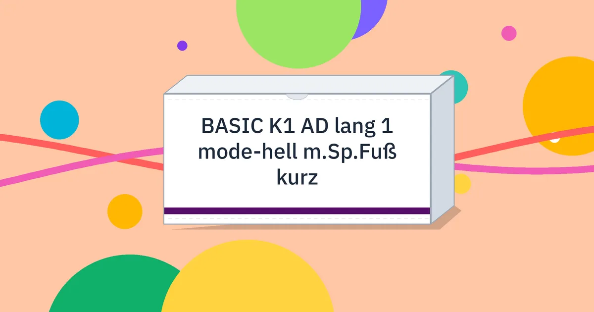 Symbolbild: Packung mit der Aufschrift BASIC K1 AD lang 1 mode-hell m.Sp.Fuß kurz (PZN 20256954) – Verfügbarkeit und Bezug in Apotheken in Frankfurt am Main