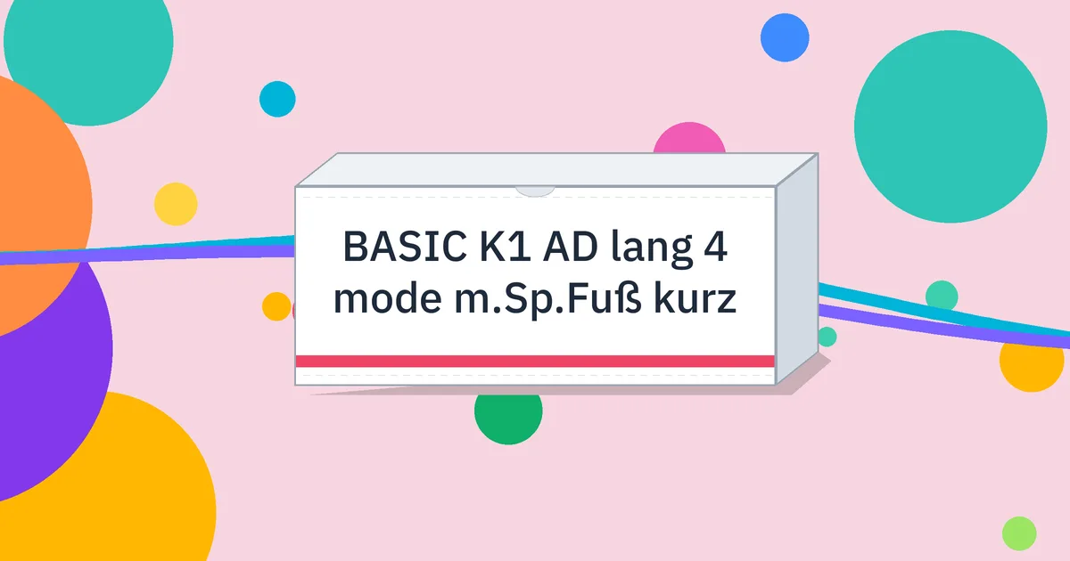 Symbolbild: Packung mit der Aufschrift BASIC K1 AD lang 4 mode m.Sp.Fuß kurz (PZN 20258462) – Verfügbarkeit und Bezug in Apotheken in Frankfurt am Main