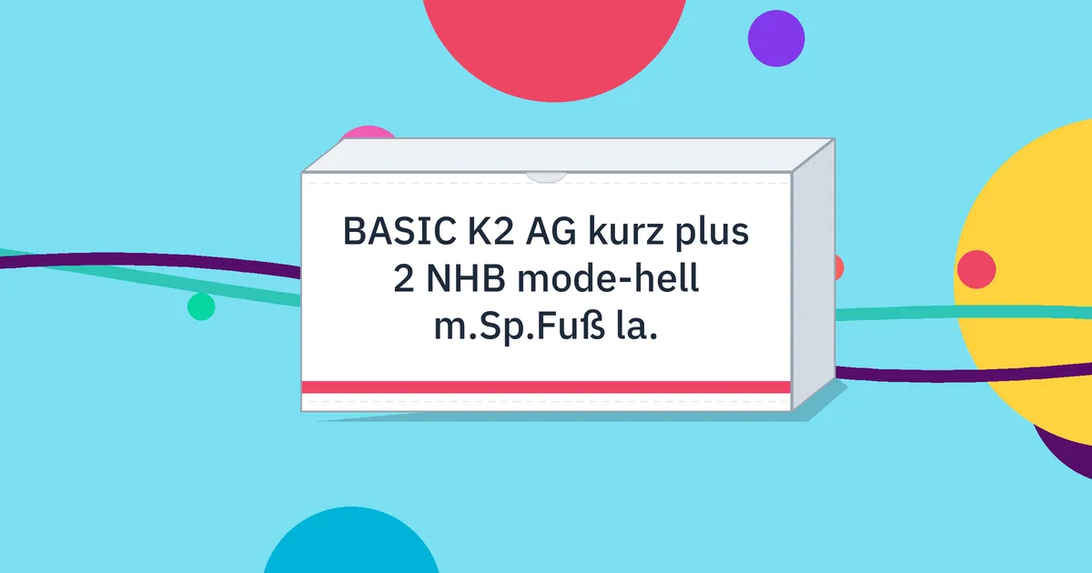 Symbolbild: Packung mit der Aufschrift BASIC K2 AG kurz plus 2 NHB mode-hell m.Sp.Fuß la. (PZN 20266757) – Verfügbarkeit und Bezug in Apotheken in Frankfurt am Main