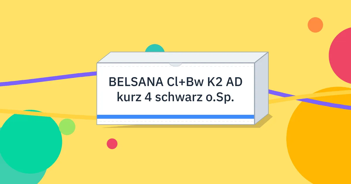 Symbolbild: Packung mit der Aufschrift BELSANA Cl+Bw K2 AD kurz 4 schwarz o.Sp. (PZN 12241393) – Verfügbarkeit und Bezug in Apotheken in Frankfurt am Main