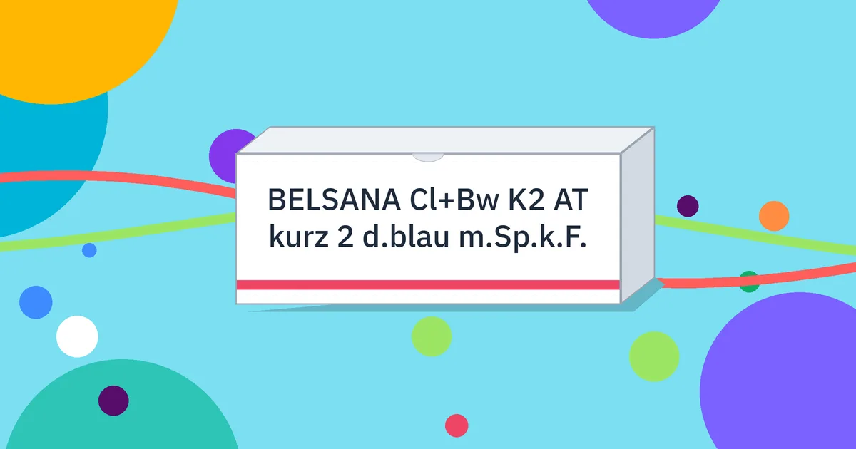 Symbolbild: Packung mit der Aufschrift BELSANA Cl+Bw K2 AT kurz 2 d.blau m.Sp.k.F. (PZN 15627791) – Verfügbarkeit und Bezug in Apotheken in Frankfurt am Main