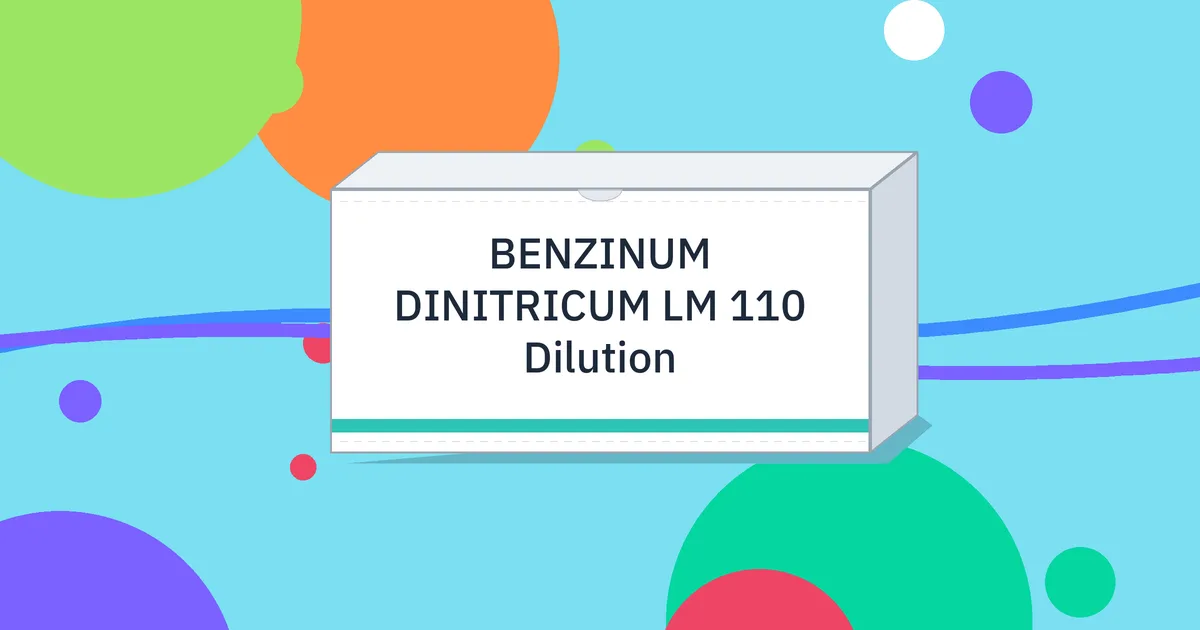 Symbolbild: Packung mit der Aufschrift BENZINUM DINITRICUM LM 110 Dilution (PZN 13382807) – Verfügbarkeit und Bezug in Apotheken in Frankfurt am Main