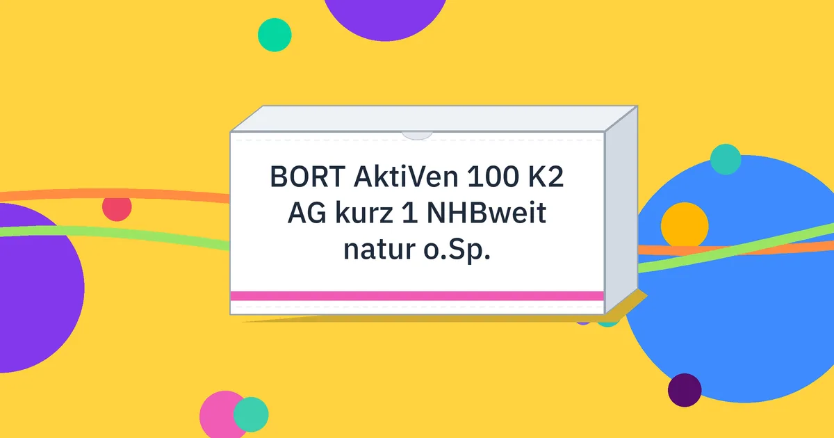 Symbolbild: Packung mit der Aufschrift BORT AktiVen 100 K2 AG kurz 1 NHBweit natur o.Sp. (PZN 13730289) – Verfügbarkeit und Bezug in Apotheken in Frankfurt am Main