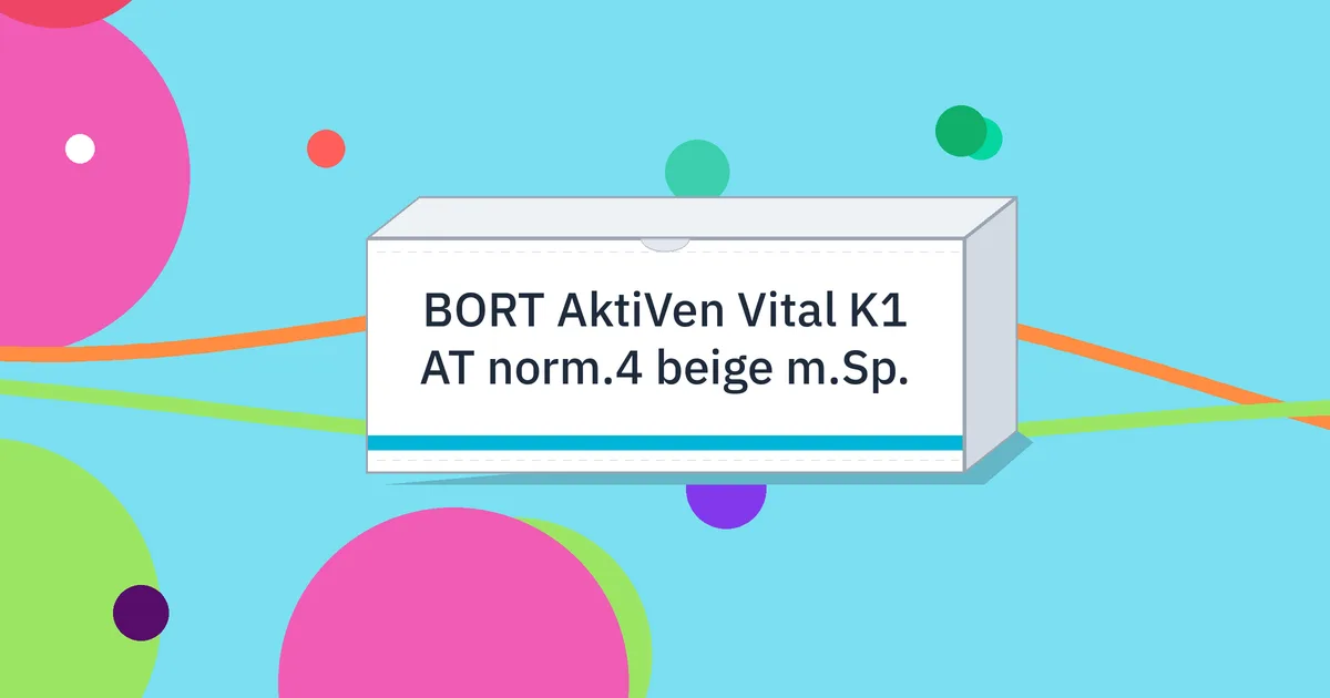 Symbolbild: Packung mit der Aufschrift BORT AktiVen Vital K1 AT norm.4 beige m.Sp. (PZN 13738463) – Verfügbarkeit und Bezug in Apotheken in Frankfurt am Main