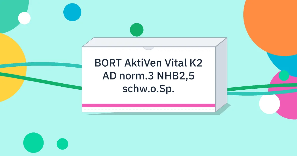 Symbolbild: Packung mit der Aufschrift BORT AktiVen Vital K2 AD norm.3 NHB2,5 schw.o.Sp. (PZN 17497890) – Verfügbarkeit und Bezug in Apotheken in Frankfurt am Main