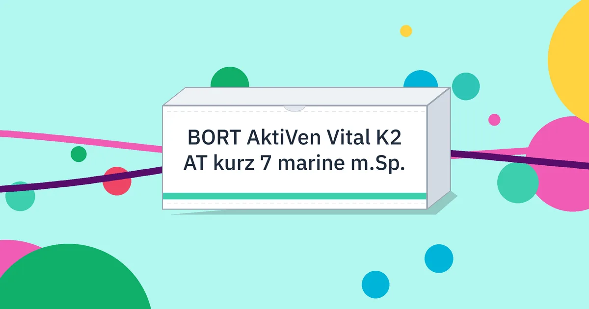 Symbolbild: Packung mit der Aufschrift BORT AktiVen Vital K2 AT kurz 7 marine m.Sp. (PZN 13741985) – Verfügbarkeit und Bezug in Apotheken in Frankfurt am Main