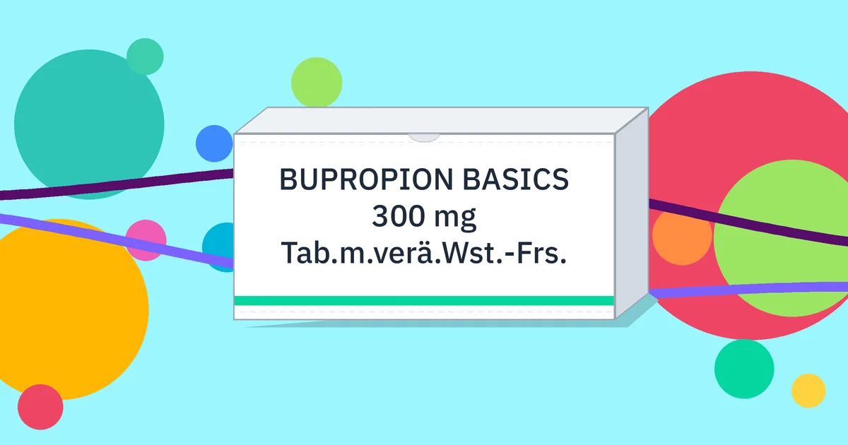 Symbolbild: Packung mit der Aufschrift BUPROPION BASICS 300 mg Tab.m.verä.Wst.-Frs. (PZN 19739825) – Verfügbarkeit und Bezug in Apotheken in Frankfurt am Main