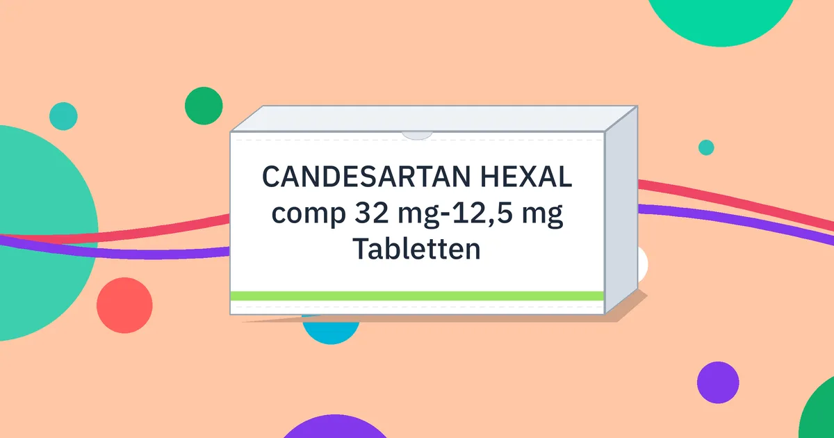 Symbolbild: Packung mit der Aufschrift CANDESARTAN HEXAL comp 32 mg-12,5 mg Tabletten (PZN 04713464) – Verfügbarkeit und Bezug in Apotheken in Frankfurt am Main