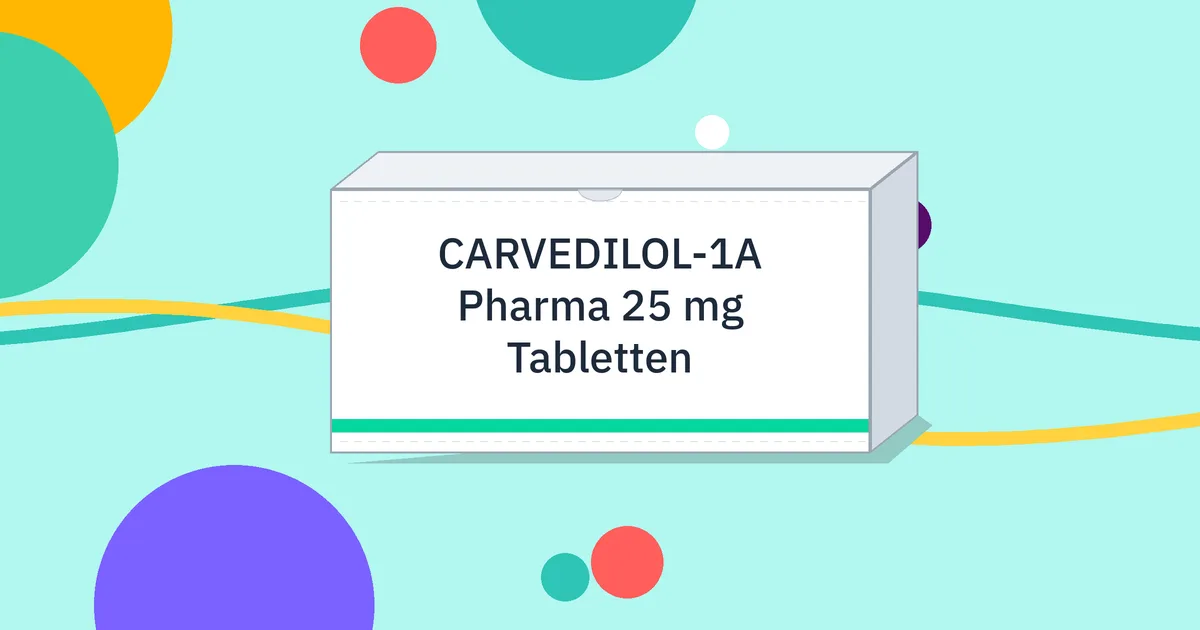 Symbolbild: Packung mit der Aufschrift CARVEDILOL-1A Pharma 25 mg Tabletten (PZN 00819094) – Verfügbarkeit und Bezug in Apotheken in Frankfurt am Main