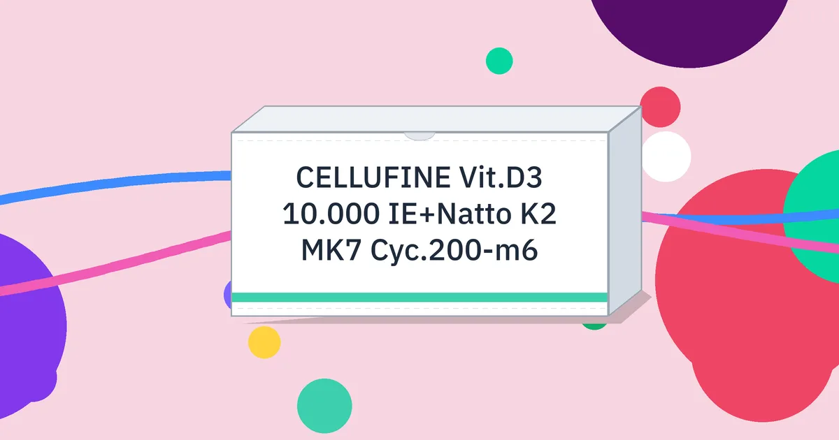Symbolbild: Packung mit der Aufschrift CELLUFINE Vit.D3 10.000 IE+Natto K2 MK7 Cyc.200-m6 (PZN 19149609) – Verfügbarkeit und Bezug in Apotheken in Frankfurt am Main