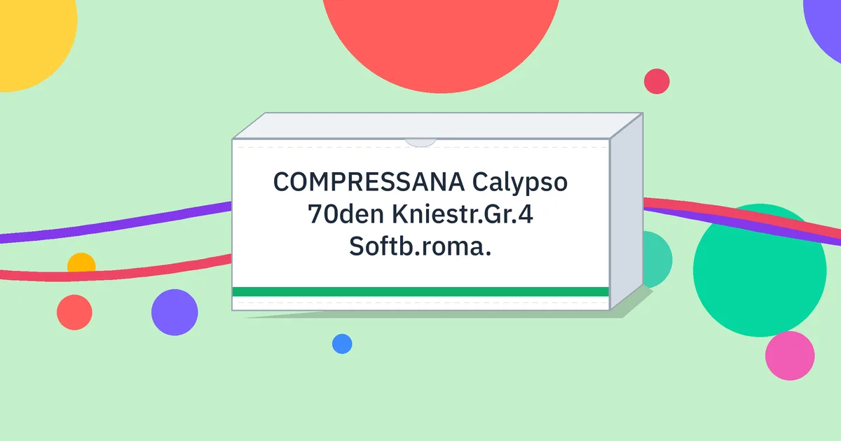 Symbolbild: Packung mit der Aufschrift COMPRESSANA Calypso 70den Kniestr.Gr.4 Softb.roma. (PZN 07719527) – Verfügbarkeit und Bezug in Apotheken in Frankfurt am Main