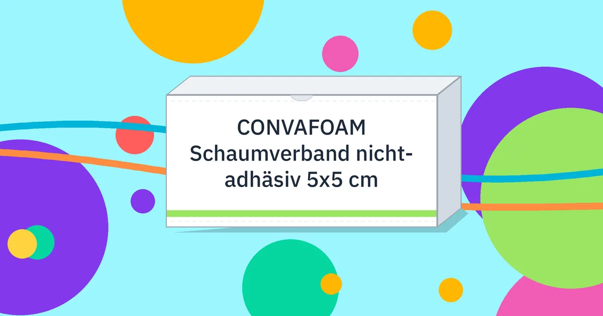 Symbolbild: Packung mit der Aufschrift CONVAFOAM Schaumverband nicht-adhäsiv 5x5 cm (PZN 20410846) – Verfügbarkeit und Bezug in Apotheken in Frankfurt am Main