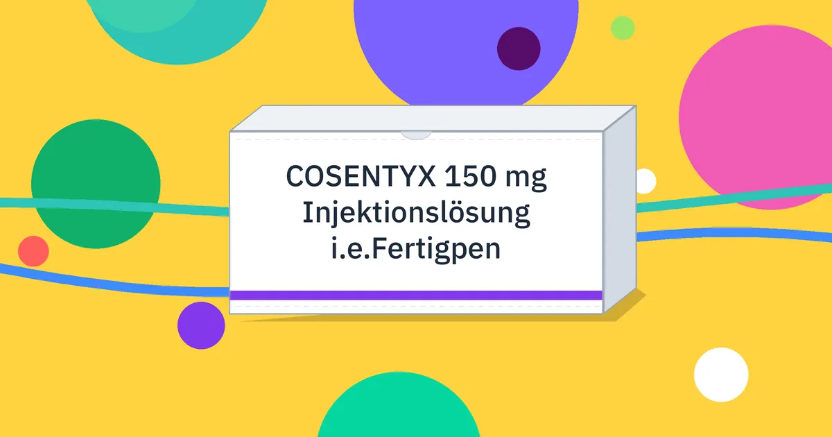 Symbolbild: Packung mit der Aufschrift COSENTYX 150 mg Injektionslösung i.e.Fertigpen (PZN 19207985) – Verfügbarkeit und Bezug in Apotheken in Frankfurt am Main