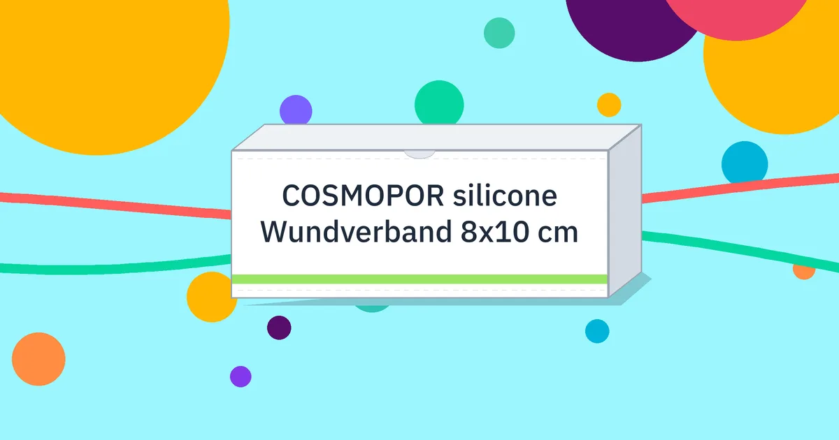 Symbolbild: Packung mit der Aufschrift COSMOPOR silicone Wundverband 8x10 cm (PZN 20306741) – Verfügbarkeit und Bezug in Apotheken in Frankfurt am Main