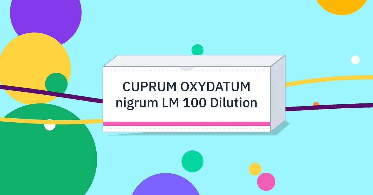 Symbolbild: Packung mit der Aufschrift CUPRUM OXYDATUM nigrum LM 100 Dilution (PZN 13458947) – Verfügbarkeit und Bezug in Apotheken in Frankfurt am Main