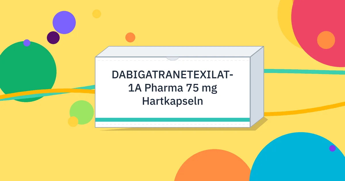 Symbolbild: Packung mit der Aufschrift DABIGATRANETEXILAT-1A Pharma 75 mg Hartkapseln (PZN 18121253) – Verfügbarkeit und Bezug in Apotheken in Frankfurt am Main