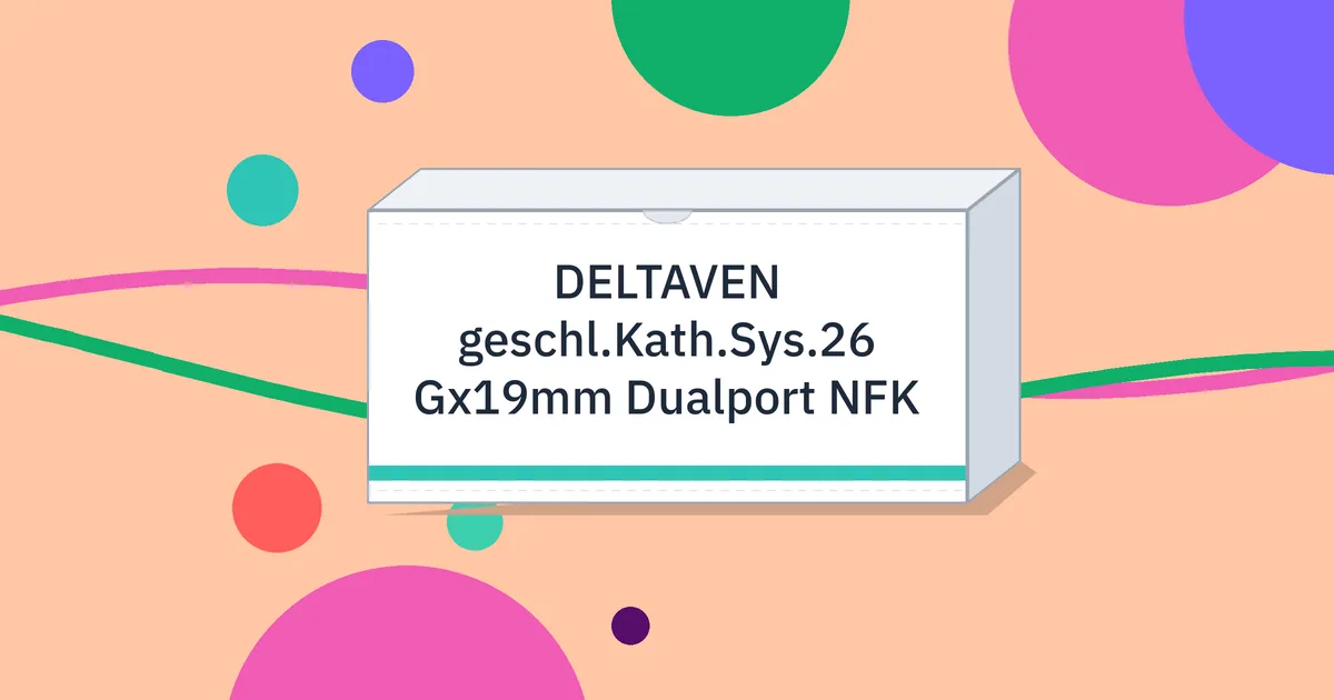 Symbolbild: Packung mit der Aufschrift DELTAVEN geschl.Kath.Sys.26 Gx19mm Dualport NFK (PZN 13977133) – Verfügbarkeit und Bezug in Apotheken in Frankfurt am Main