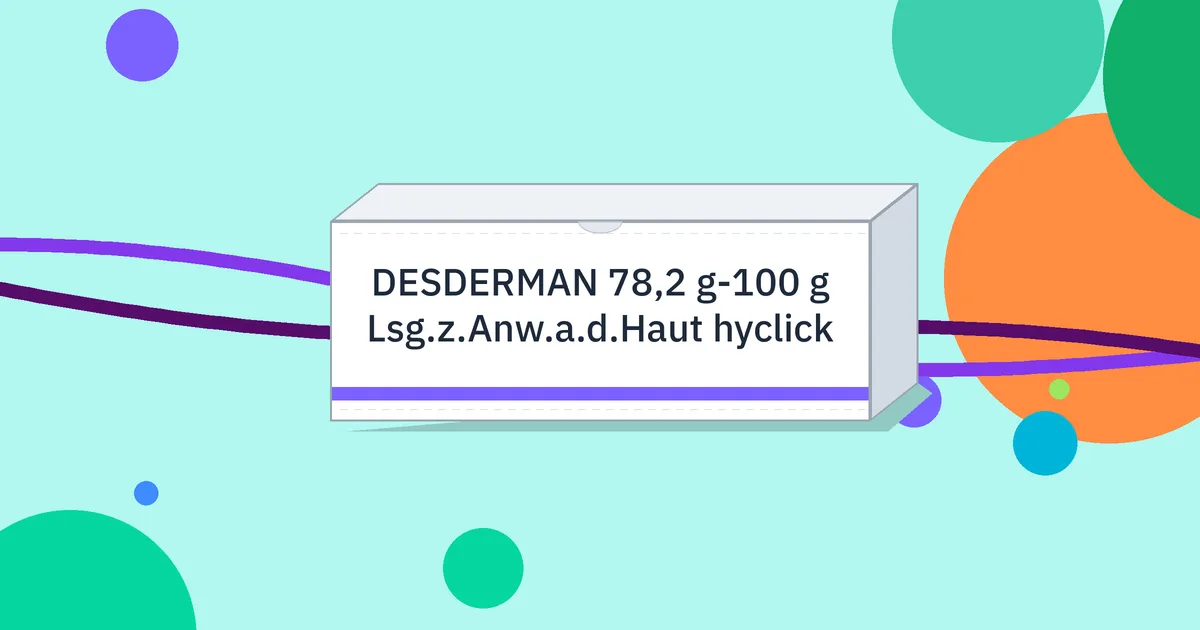 Symbolbild: Packung mit der Aufschrift DESDERMAN 78,2 g-100 g Lsg.z.Anw.a.d.Haut hyclick (PZN 16582659) – Verfügbarkeit und Bezug in Apotheken in Frankfurt am Main