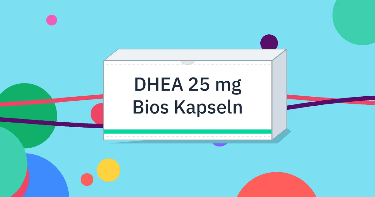 Symbolbild: Packung mit der Aufschrift DHEA 25 mg Bios Kapseln (PZN 15613984) – Verfügbarkeit und Bezug in Apotheken in Frankfurt am Main