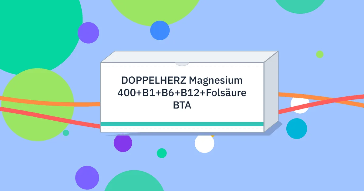 Symbolbild: Packung mit der Aufschrift DOPPELHERZ Magnesium 400+B1+B6+B12+Folsäure BTA (PZN 01886276) – Verfügbarkeit und Bezug in Apotheken in Frankfurt am Main
