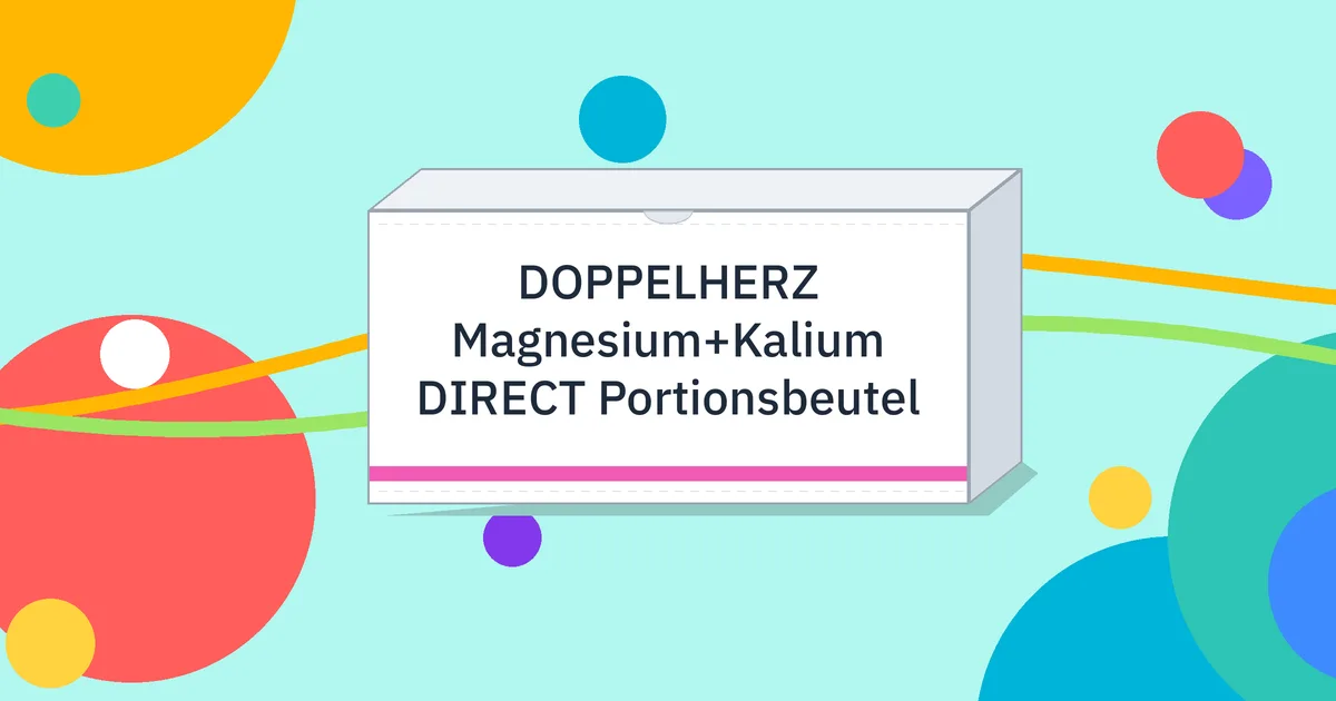 Symbolbild: Packung mit der Aufschrift DOPPELHERZ Magnesium+Kalium DIRECT Portionsbeutel (PZN 11101359) – Verfügbarkeit und Bezug in Apotheken in Frankfurt am Main
