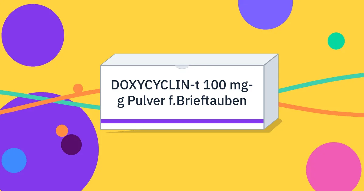 Symbolbild: Packung mit der Aufschrift DOXYCYCLIN-t 100 mg-g Pulver f.Brieftauben (PZN 07762687) – Verfügbarkeit und Bezug in Apotheken in Frankfurt am Main