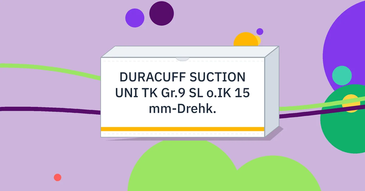 Symbolbild: Packung mit der Aufschrift DURACUFF SUCTION UNI TK Gr.9 SL o.IK 15 mm-Drehk. (PZN 02700210) – Verfügbarkeit und Bezug in Apotheken in Frankfurt am Main