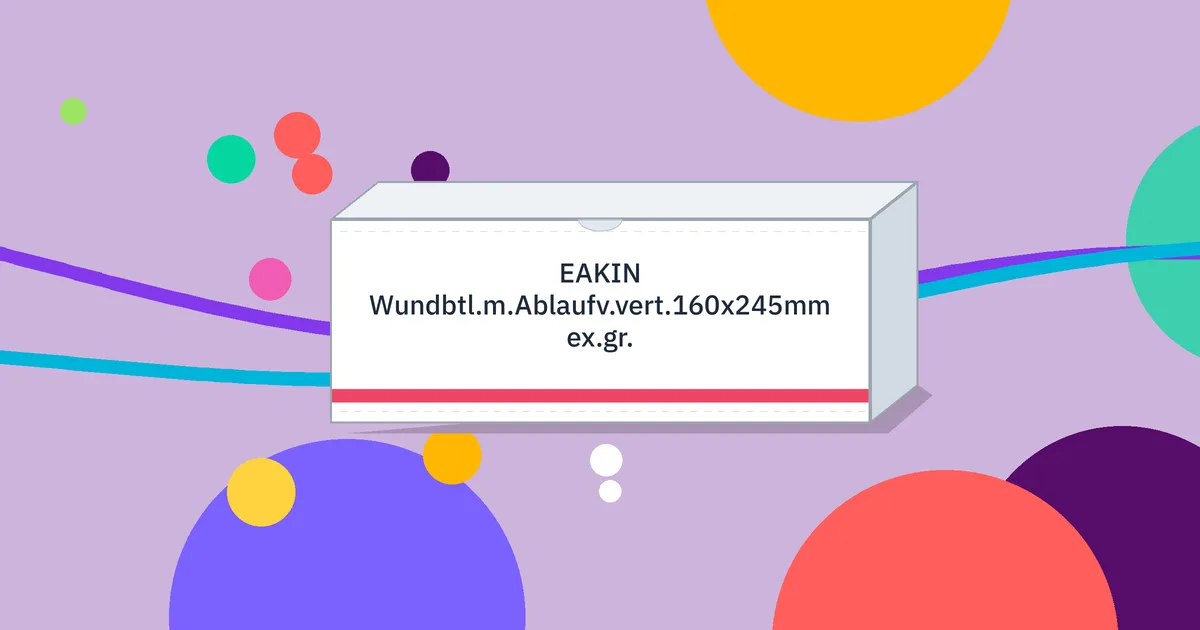 Symbolbild: Packung mit der Aufschrift EAKIN Wundbtl.m.Ablaufv.vert.160x245mm ex.gr. (PZN 05493272) – Verfügbarkeit und Bezug in Apotheken in Frankfurt am Main